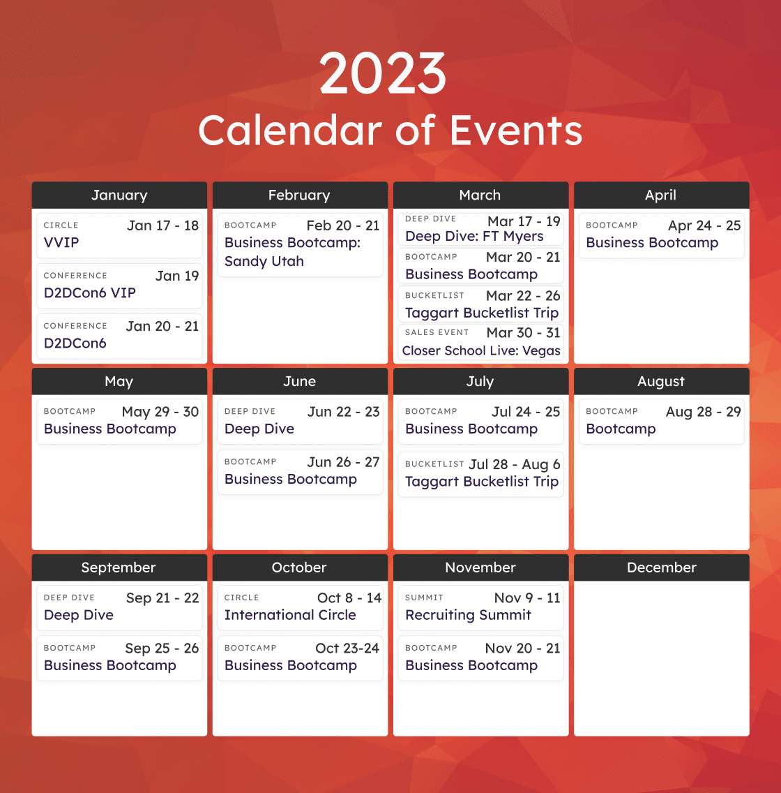 2023 Calendar of Events - The D2D Experts